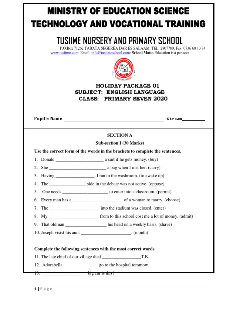 Tusiime Nursery and Primary School: Holiday Package 01 Subject: English ...