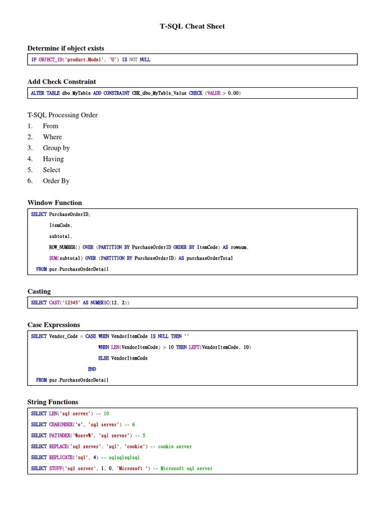 T-SQL Cheat Sheet | PDF | Database Transaction | Data Management Software