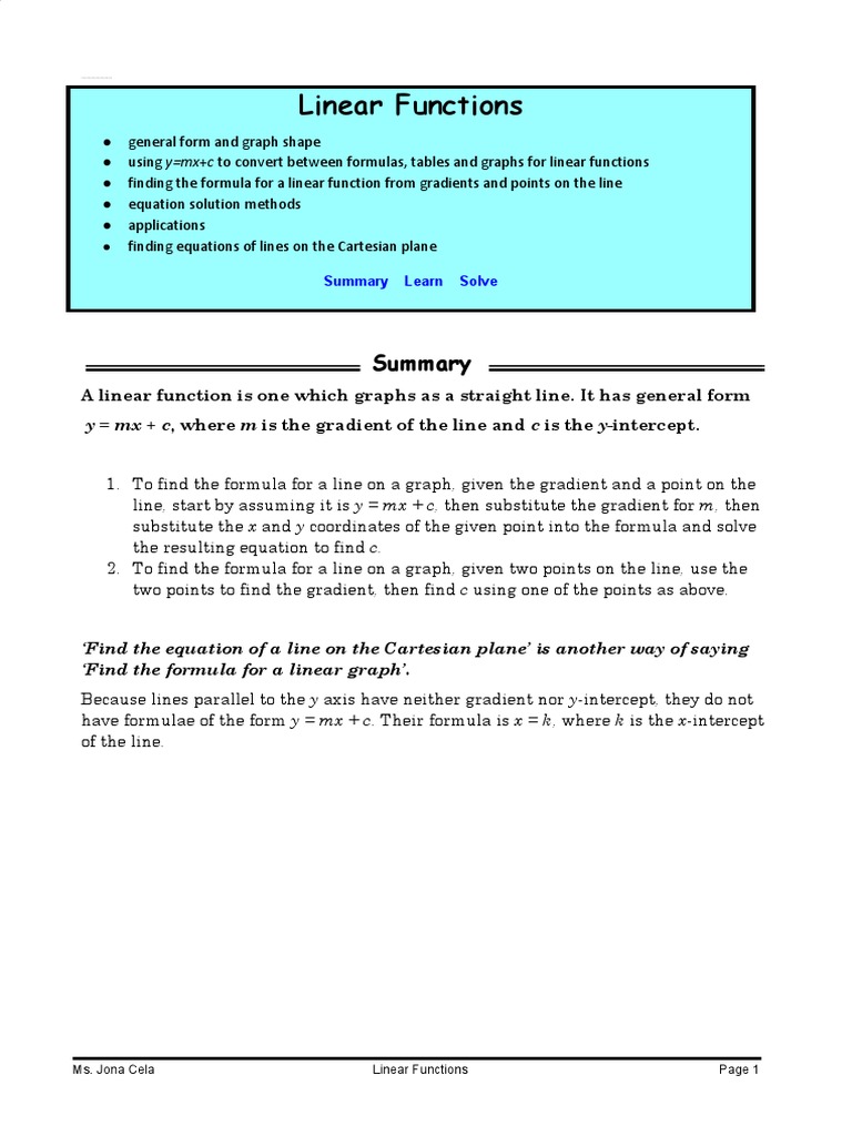 Linear Functions: Summary | PDF | Gradient | Cartesian Coordinate System