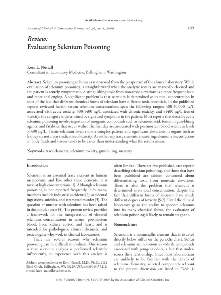 Evaluating Selenium Poisoning: Review | PDF | Selenium | Blood Plasma