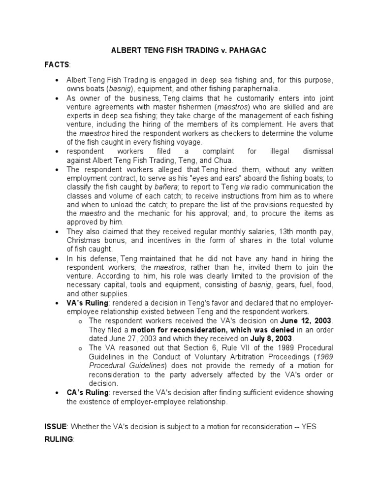 02 Albert Teng Fish Trading V Pahagac | PDF | Legal Remedy | Employment