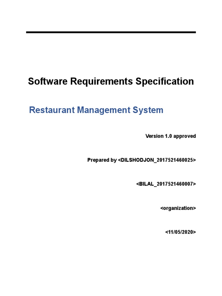 Restaurant Management System SRS | PDF | Interface (Computing) | Specification (Technical Standard)