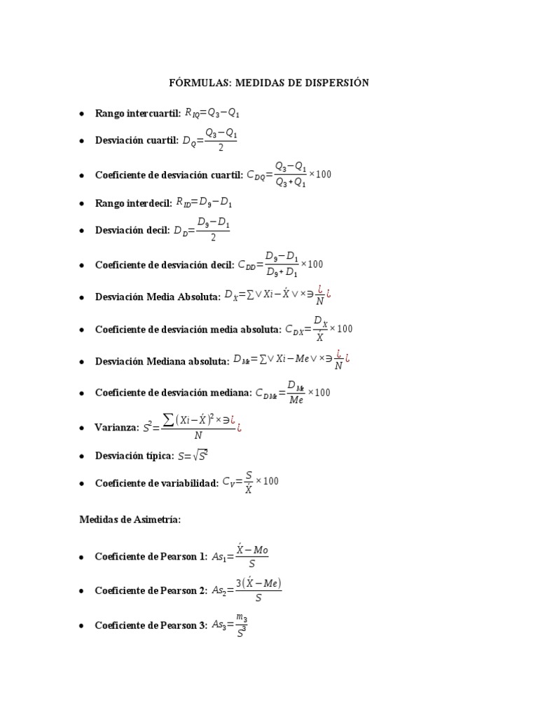 Fórmulas Medidas de Dispersion | PDF | Teoría de probabilidad | Teoría ...