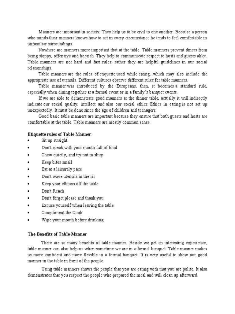 Table Manners | PDF | Eating Behaviors Of Humans | Food And Drink