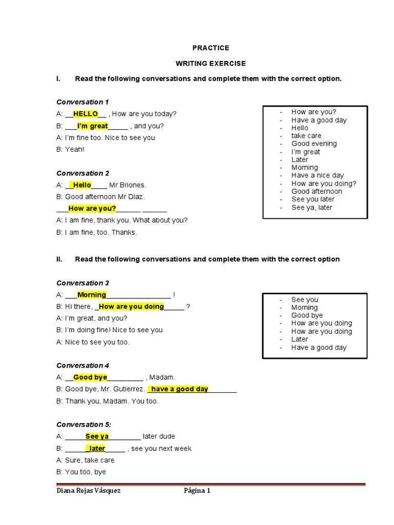 Conversation 1: Practice Writing Exercise I. Read The Following Conversations and Complete Them ...