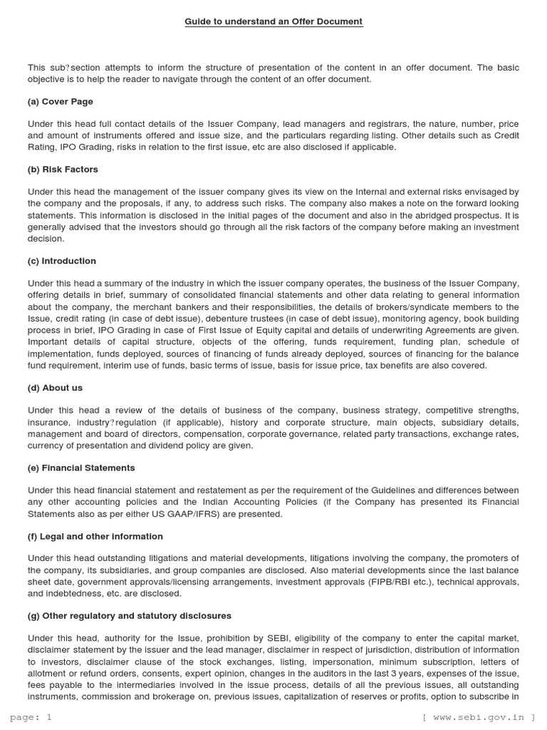 Guide To Understand An Offer Document: (WWW - Sebi.gov - In) | PDF ...