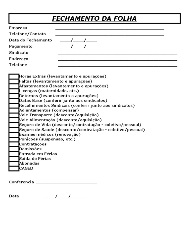 Checklist - Fechamento Folha de Pagamento
