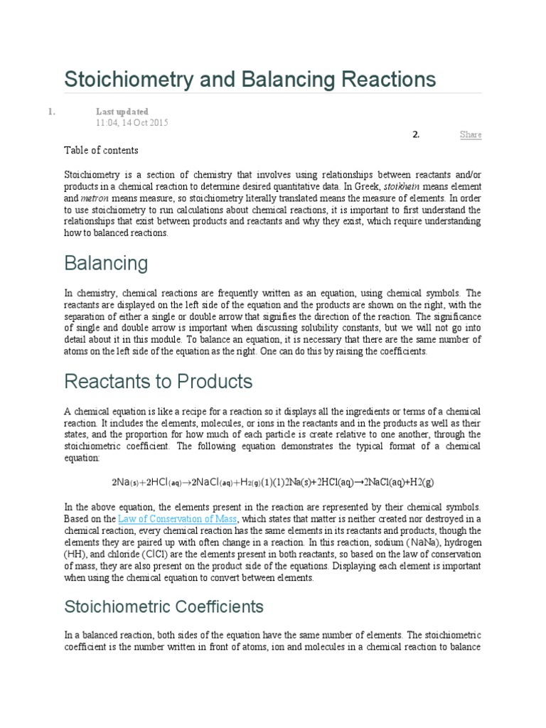 Stoichiometry and Balancing Reactions | PDF | Stoichiometry | Mole (Unit)
