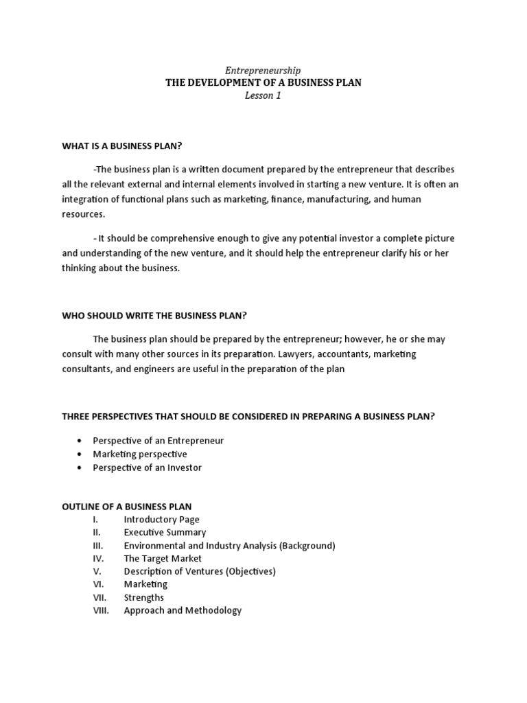 The Development of A Business Plan: Entrepreneurship Lesson 1 | PDF ...