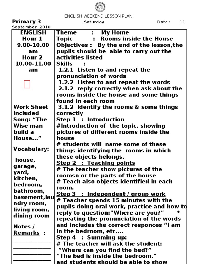 English Weekend Lesson Plan Sept11 | PDF