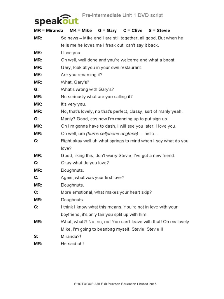 Pre-Intermediate Unit 1 DVD Script: MR Miranda MK Mike G Gary C Clive S ...