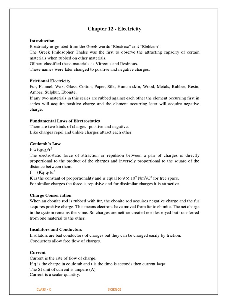 Chapter 12 - Electricity Revision Notes | PDF | Electric Charge ...