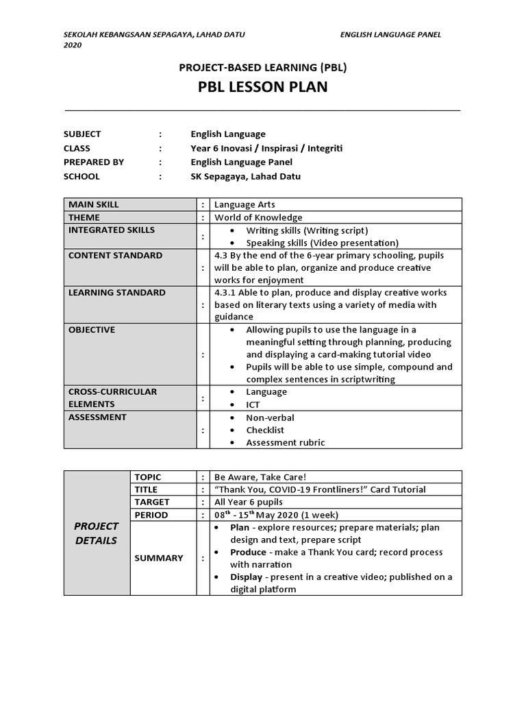 PBL Lesson Plan: Project-Based Learning (PBL) | PDF | Project Based ...