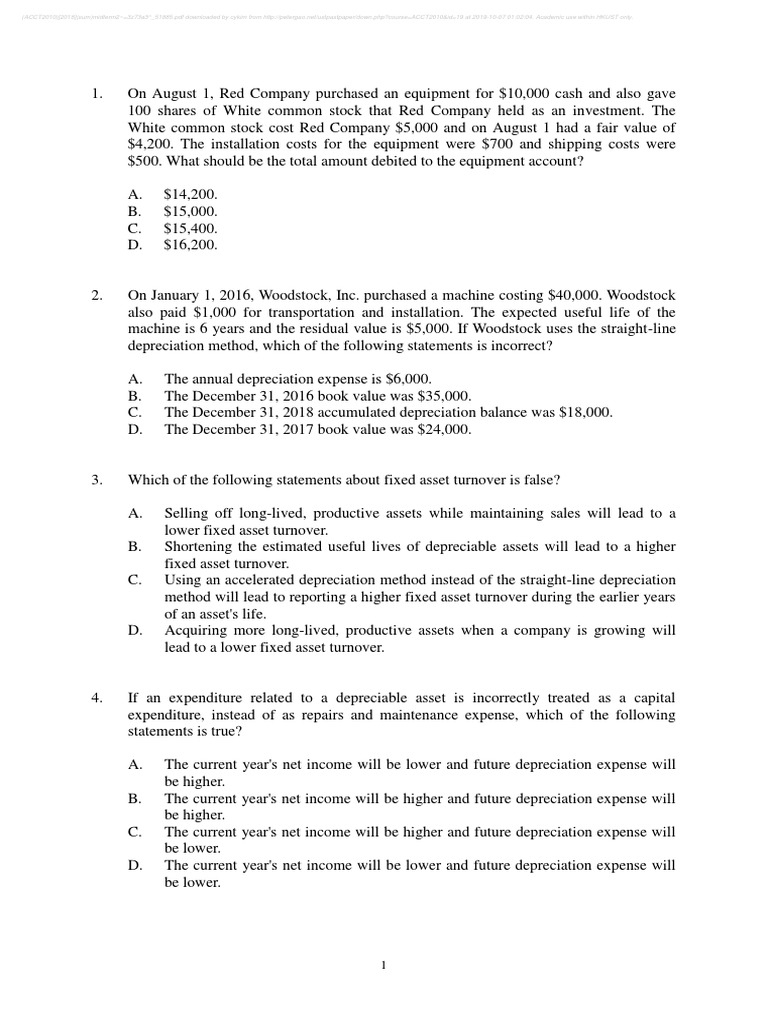 Midterm Exam for ACCT2010 with Multiple Choice Questions Covering Fixed ...