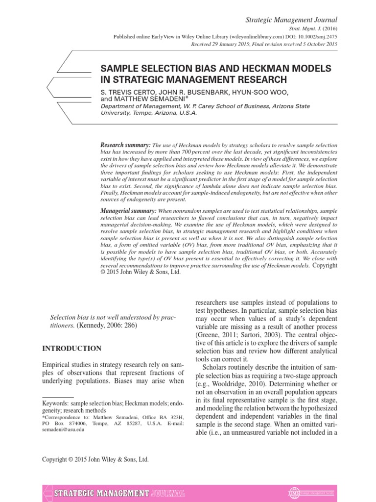 Sample Selection Bias and Heckman Models in Strategic Management Research | PDF | Endogeneity ...