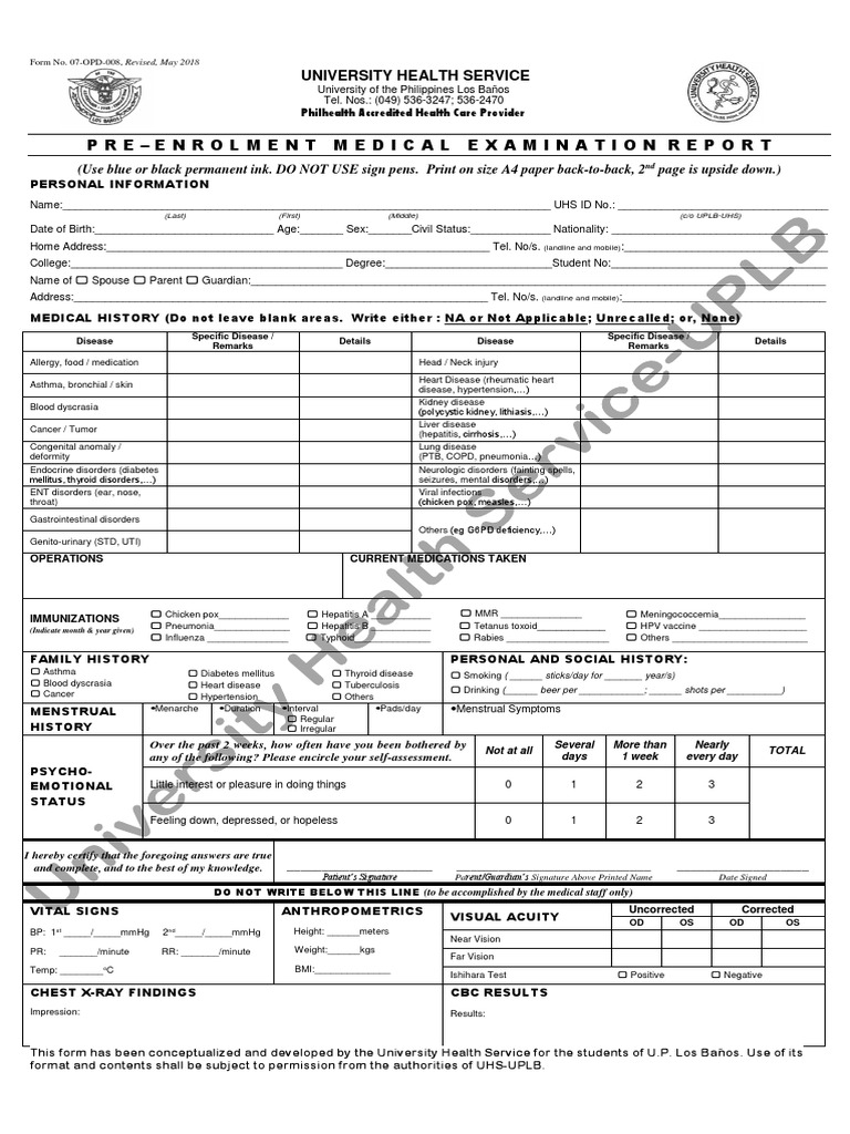 UHS Pre-Enrolment Physical (Medical) Examination Form PDF | PDF ...