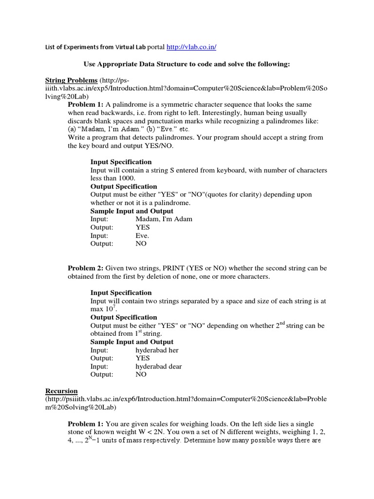 DSA - List of Experiments From Virtual Lab Portal - Additional Practice ...