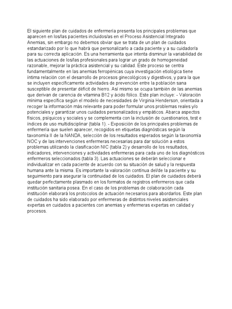Plan de Cuidados para Anemia NANDA | PDF | Enfermería | Medicina