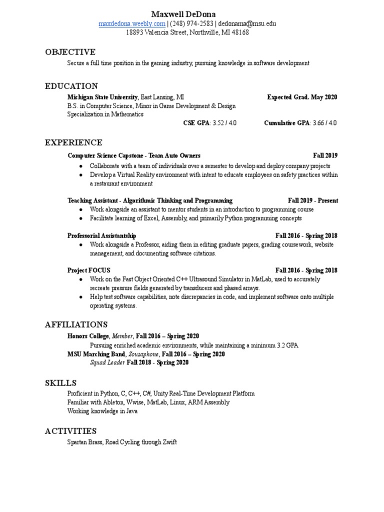 Resume - Game Development | PDF | Michigan State University | Matlab
