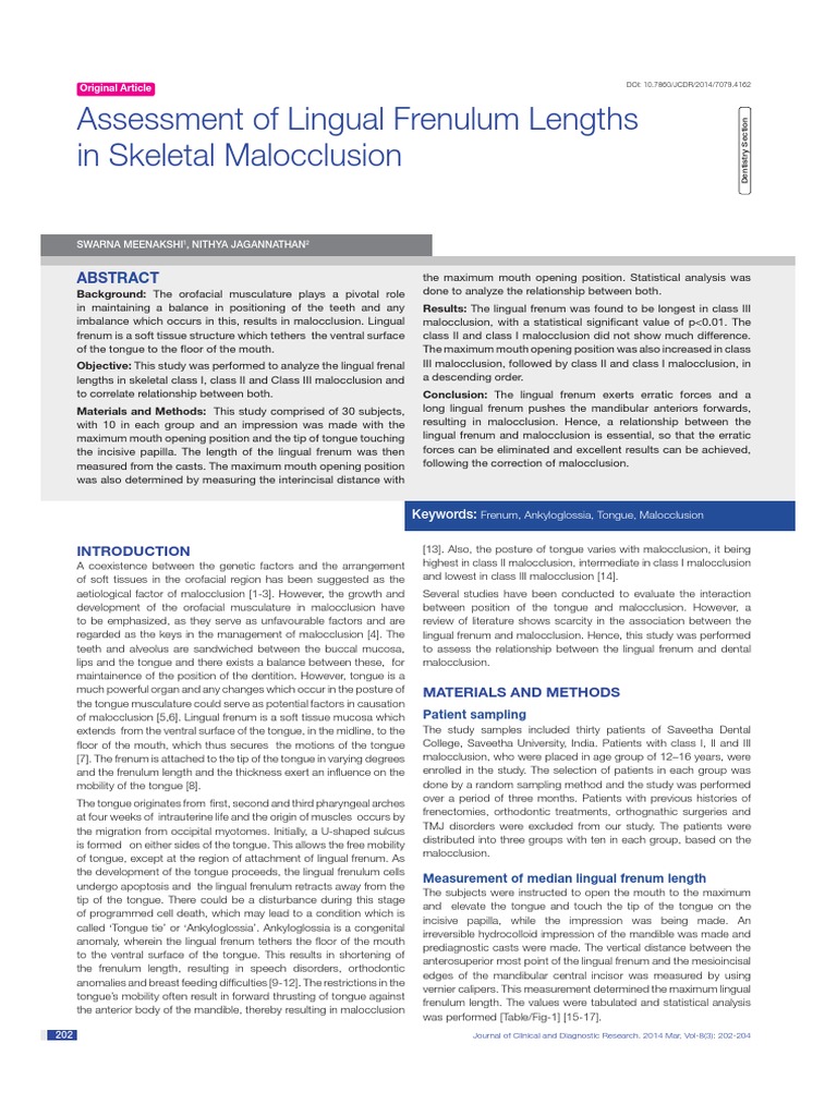 Assessment of Lingual Frenulum Lengths in Skeletal Malocclusion | PDF ...