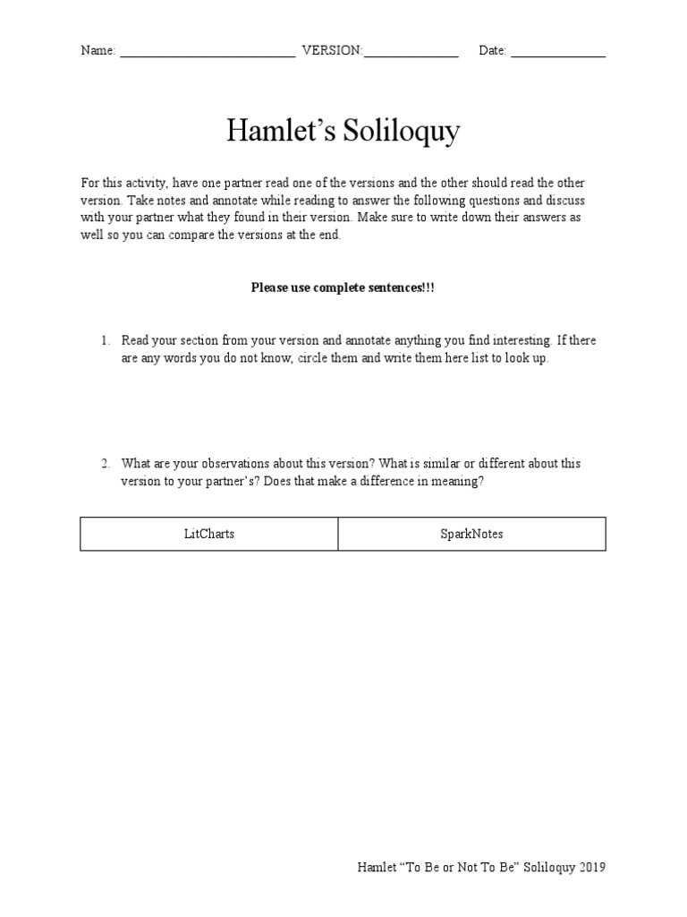 Hamlet Soliloquy Comparison Activity | PDF