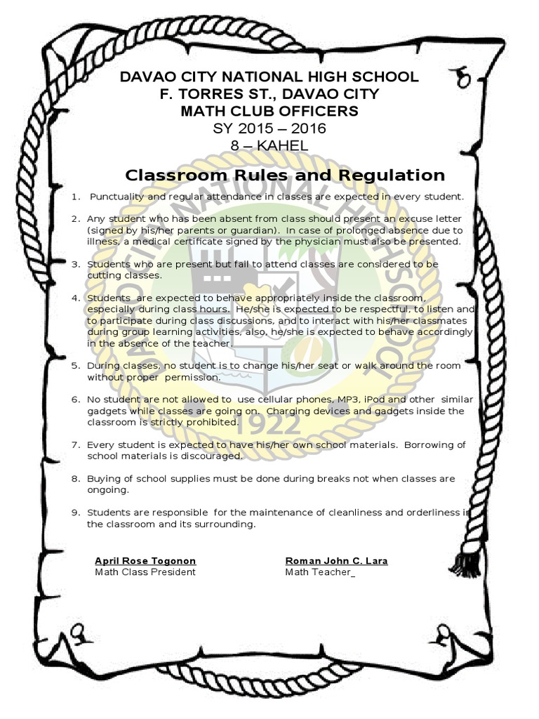 Classroom Rules and Regulations of the Math Club at Davao City National ...