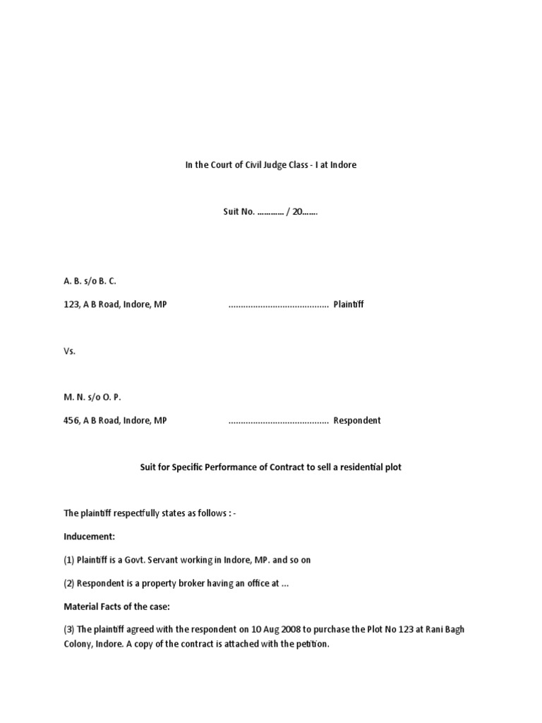 Suit For Specific Performance of Contract To Sell A Residential Plot | PDF | Lawsuit | Virtue