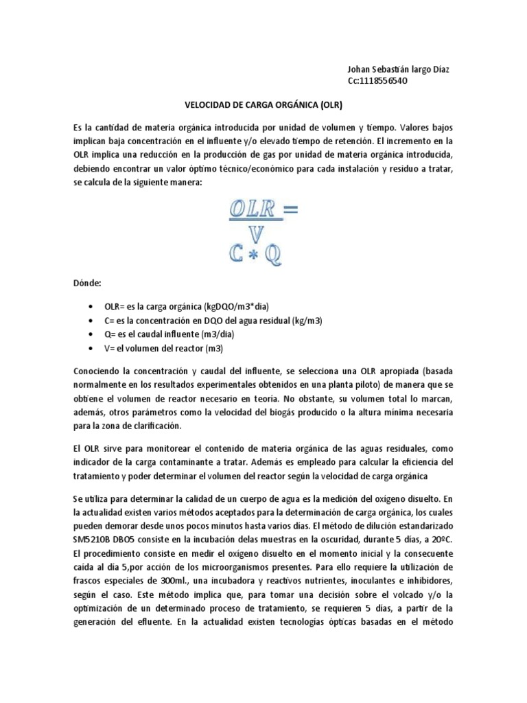 Velocidad de Carga Orgánica (OLR) | PDF | Aguas residuales | Oxígeno