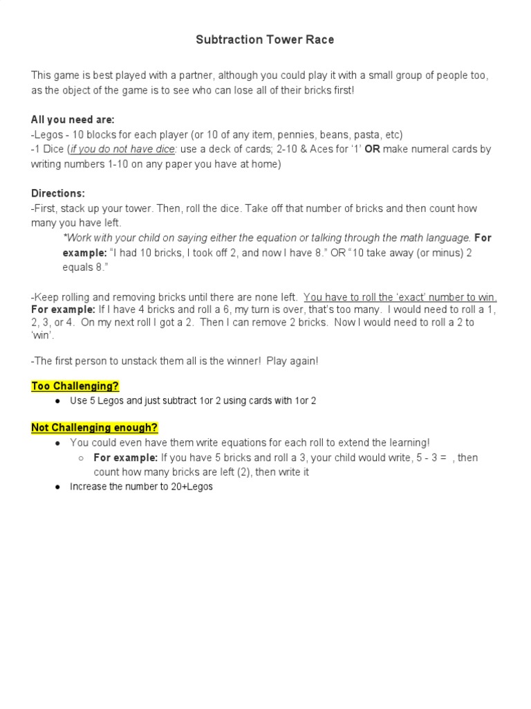 Subtraction Tower Race | PDF | Teaching Methods & Materials | Home & Garden