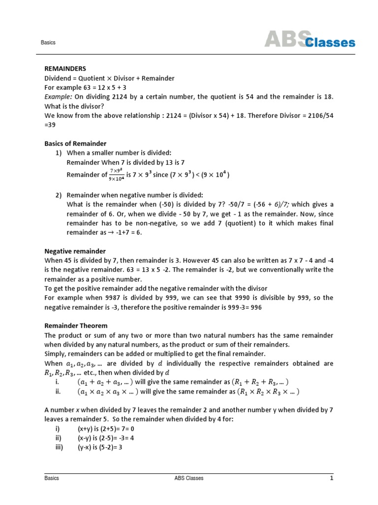 Remainder Theorem | PDF | Fraction (Mathematics) | Numbers