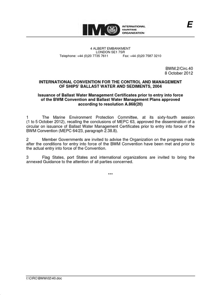 MEPC.2-Circ.40 - Issuance - of - BWMC | PDF | Government | Business