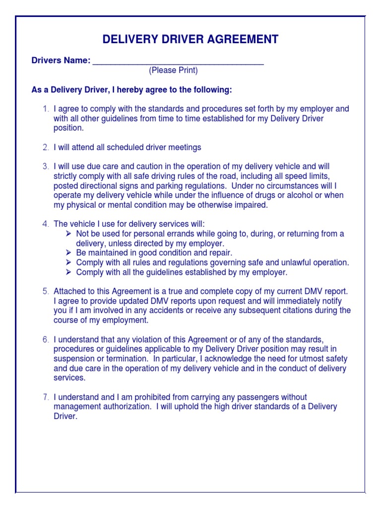 Delivery Driver Agreement Template | PDF | Vehicle Insurance ...