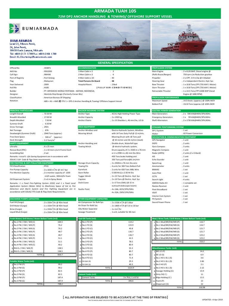 Armada Tuah 300 Specifications Overview | PDF | Tonnage | Anchor