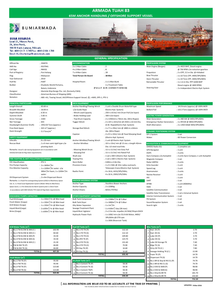 Armada Tuah 83: 65M Anchor Handling / Offshore Support Vessel | PDF ...