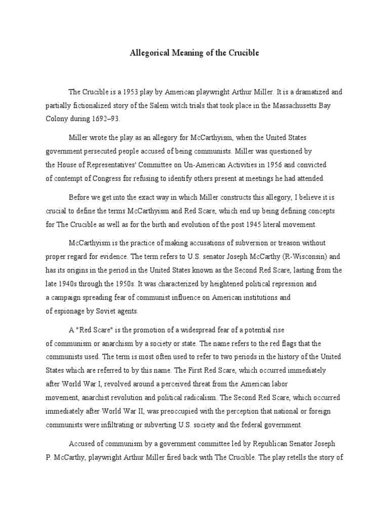 Allegorical Meaning of The Crucible | PDF | Mc Carthyism | Political ...