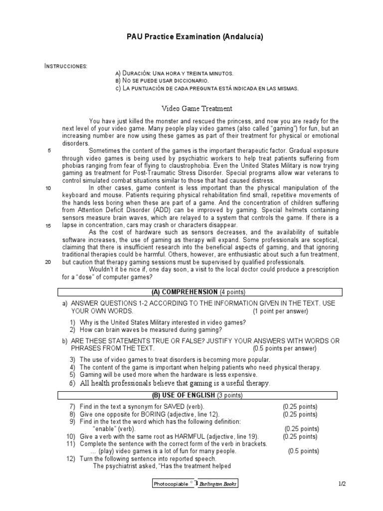 Video Game Treatment: PAU Practice Examination (Andalucía) | Download ...