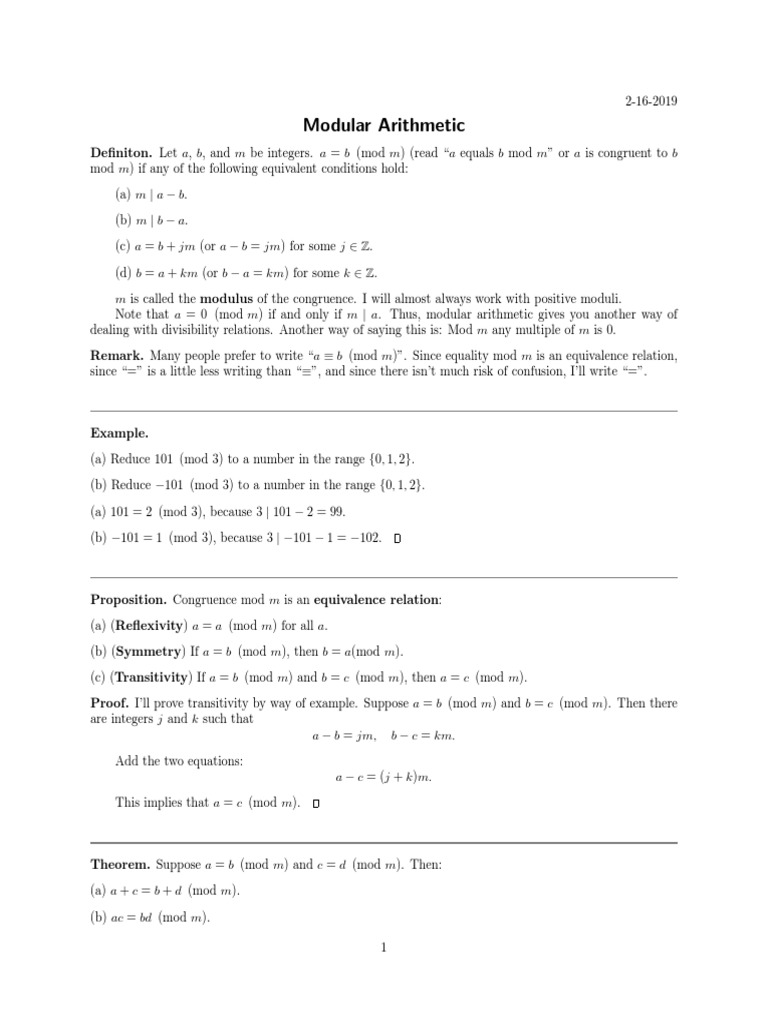 Modular Arithmetic Pdf Pdf Number Theory Discrete Mathematics