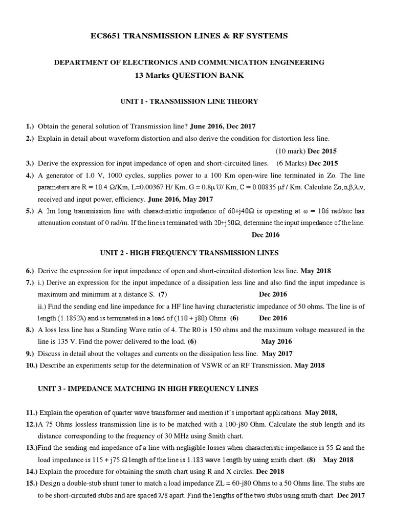 EC68651 TLRF Big Questions All Units | PDF | Transmission Line ...