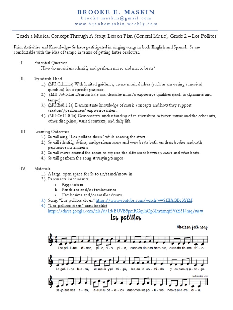 Lesson Plan General Music Grade 2 - Los Pollitos | PDF | Tempo | Cognition