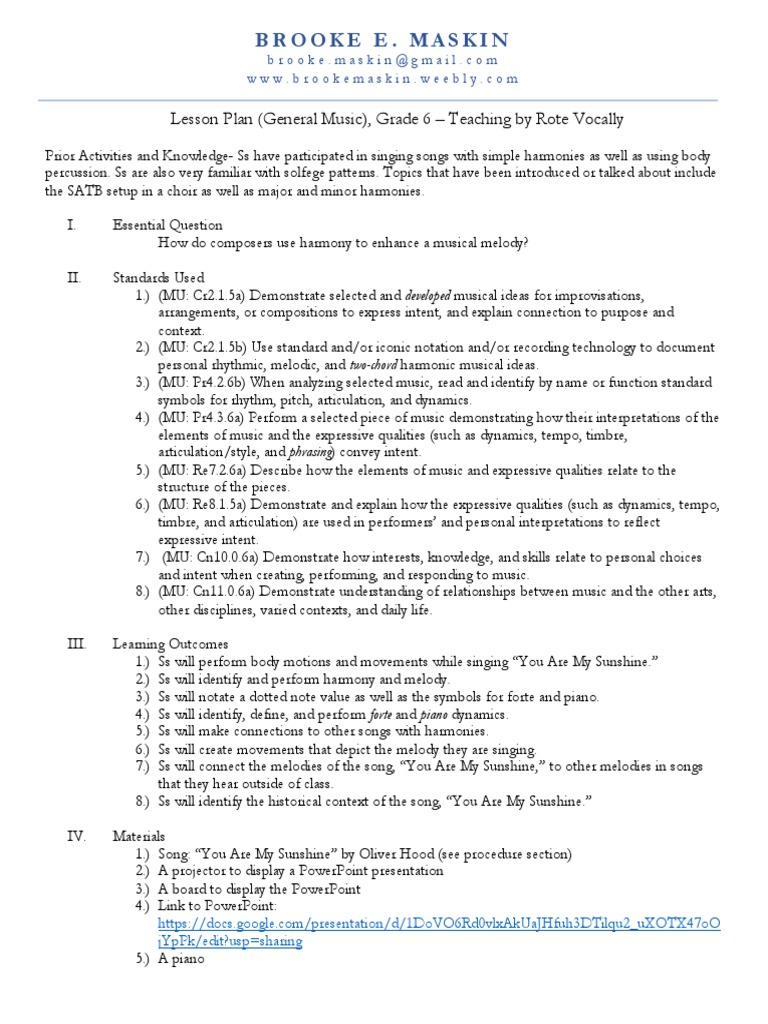 Lesson Plan General Music Grade 6 - Teaching by Rote | PDF | Musical ...