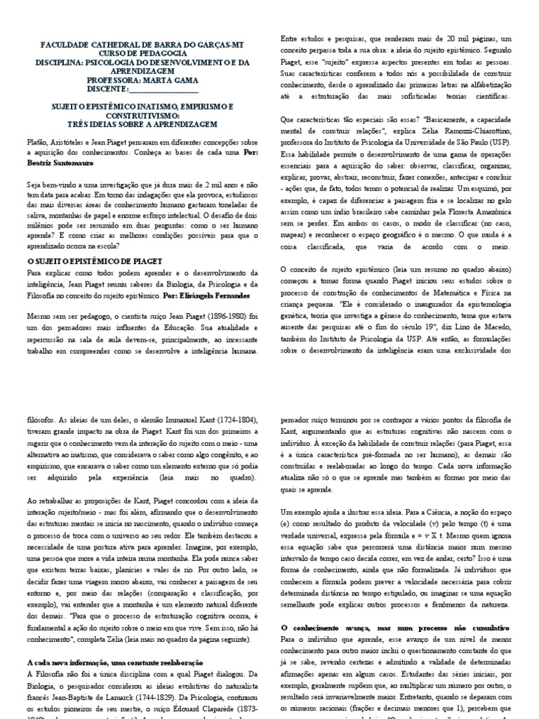 Piaget Inatismo, Empirismo e Construtivismo | PDF | Aprendizado ...