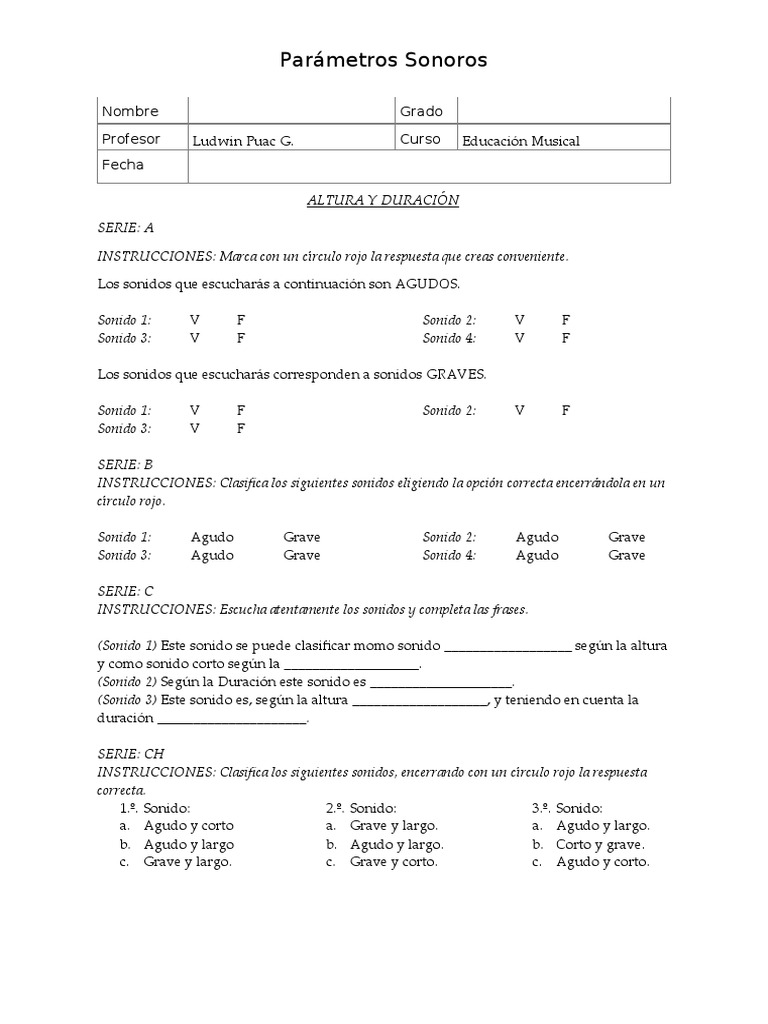 Parámetros Sonoros - HOJA COMPLEMENTARIA | PDF | Sonido | Instrumentos musicales