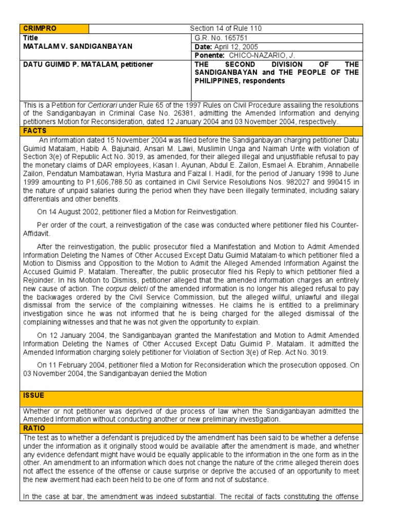 16 - Matalam V Sandiganbayan - Lagumbay | PDF | Prejudice (Legal Term) | Prosecutor