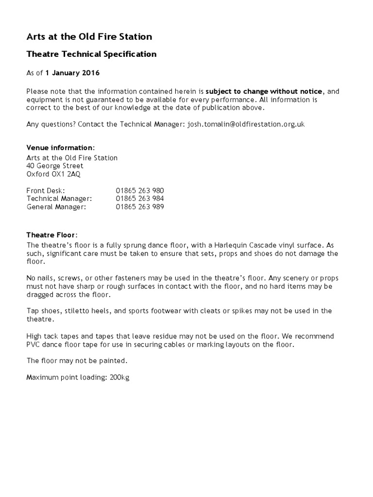 Arts at The Old Fire Station: Theatre Technical Specification | PDF ...