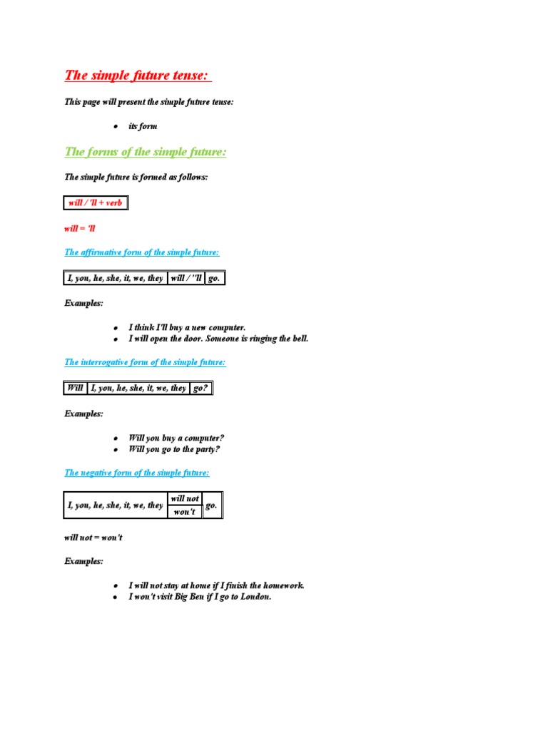 The Simple Future Tense Handout 10 | PDF