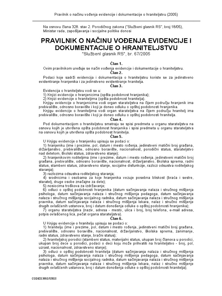 07.pravilnik o Evidenciji Hraniteljstva (2005) | PDF