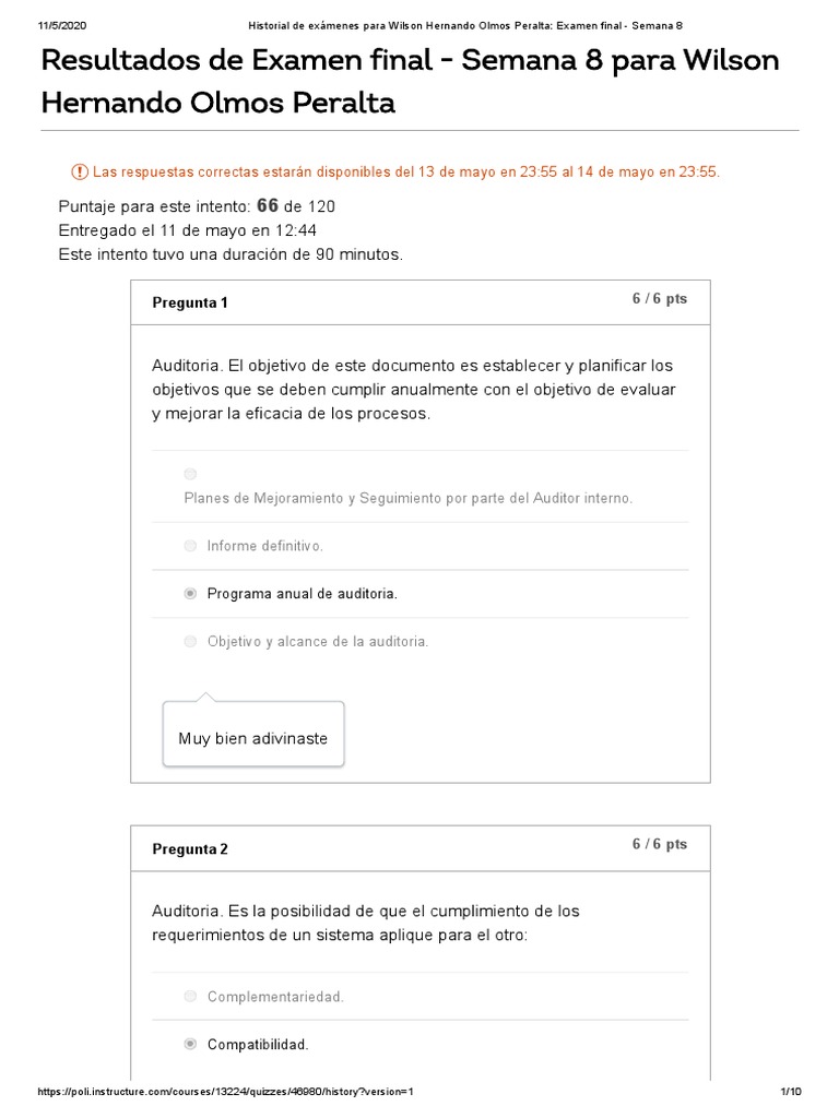 Historial de Exámenes para Wilson Hernando Olmos Peralta - Examen Final - Semana 8 | PDF ...