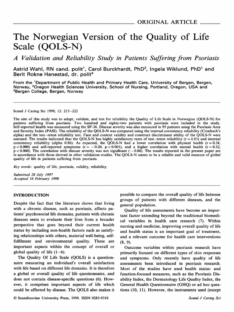 The Norwegian Version of The Quality of Life Scale (QOLS-N) | PDF ...