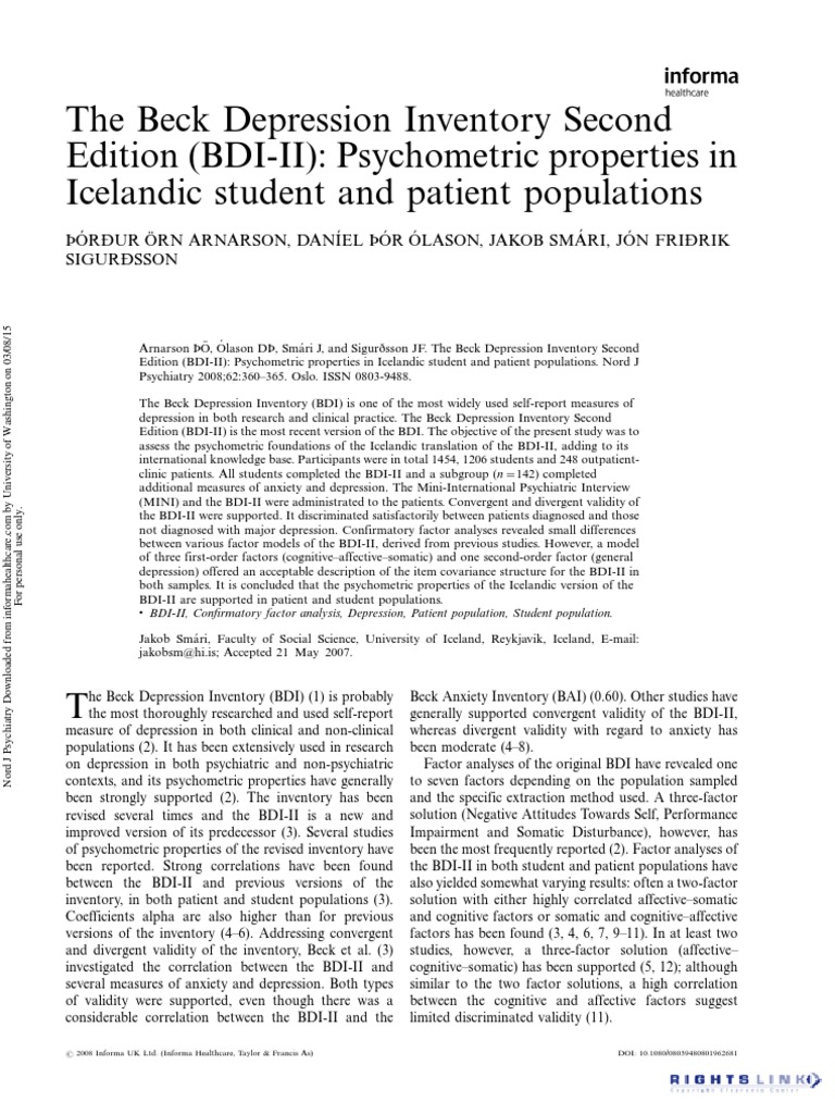 The Beck Depression Inventory Second Edition (BDI-II) : Psychometric ...