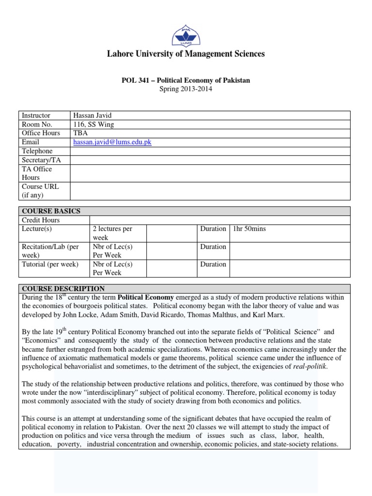 POL 341-Political Economy of Pakistan-Hassan Javid | PDF | Political Economy | Pakistan